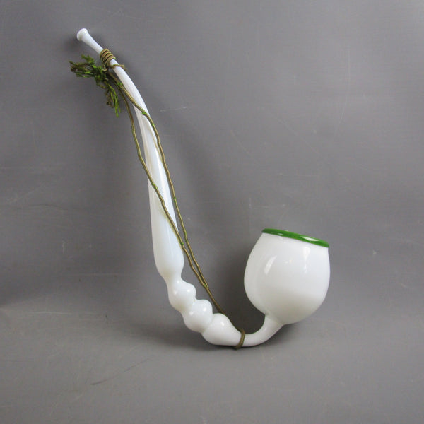 Nailsea Glass Wall Hanging White Opaque Large Pipe Green Lip Antique V ...